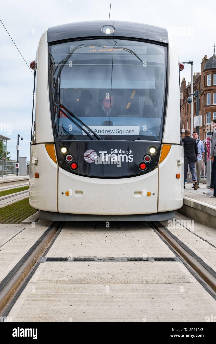 Tram stopped at Newhaven tram stop on tramline, Edinburgh trams, Scotland, UK Stock Photo - Alamy