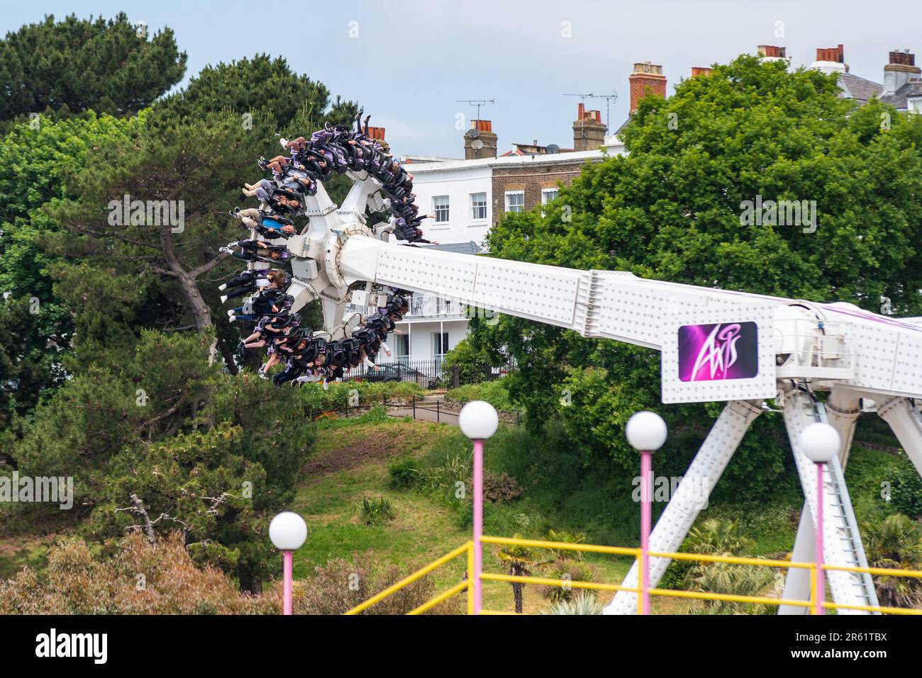 Thrill-seekers on the Axis ride in Adventure Island in Southend on Sea ...