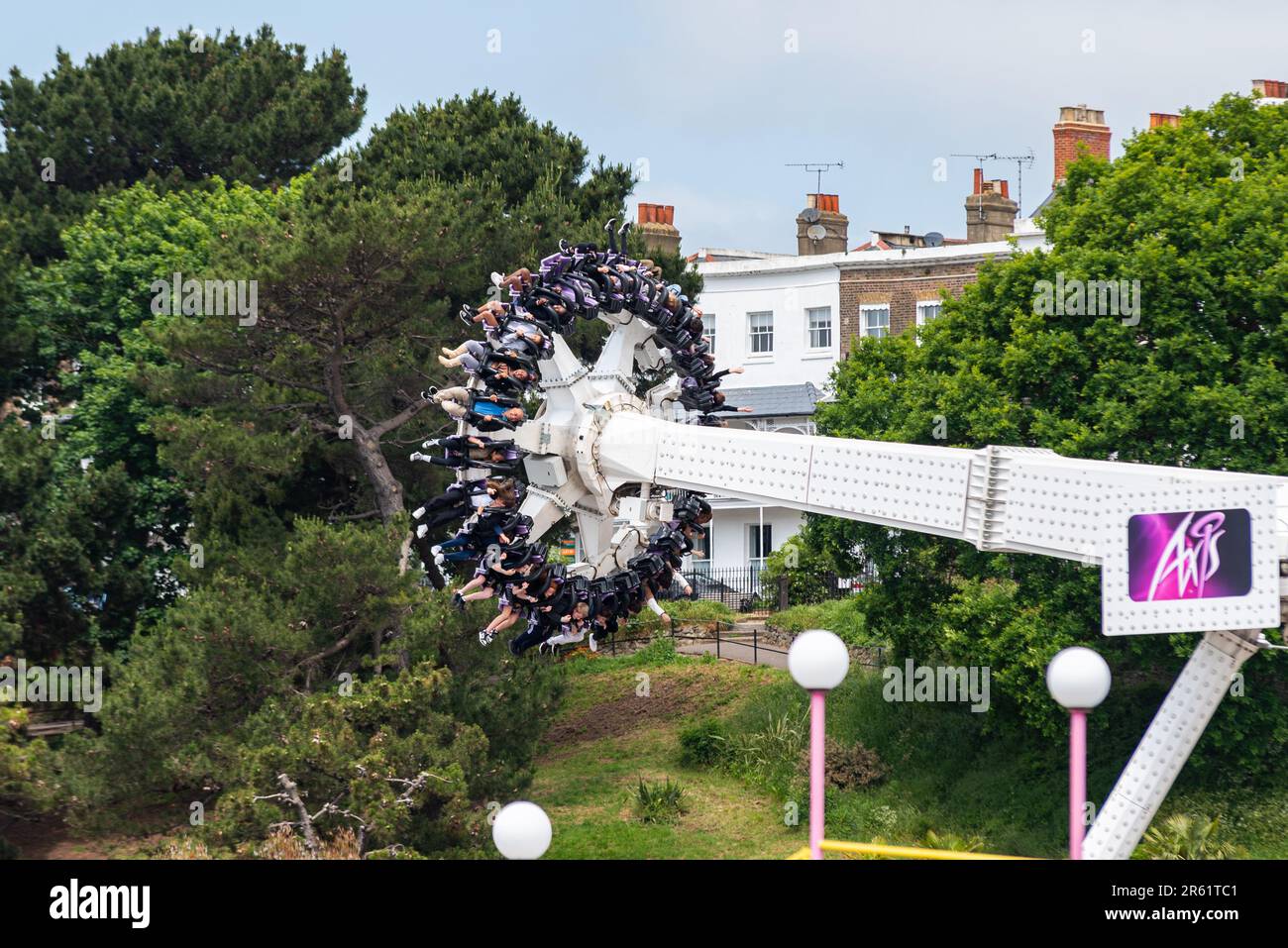 Thrill-seekers on the Axis ride in Adventure Island in Southend on Sea ...