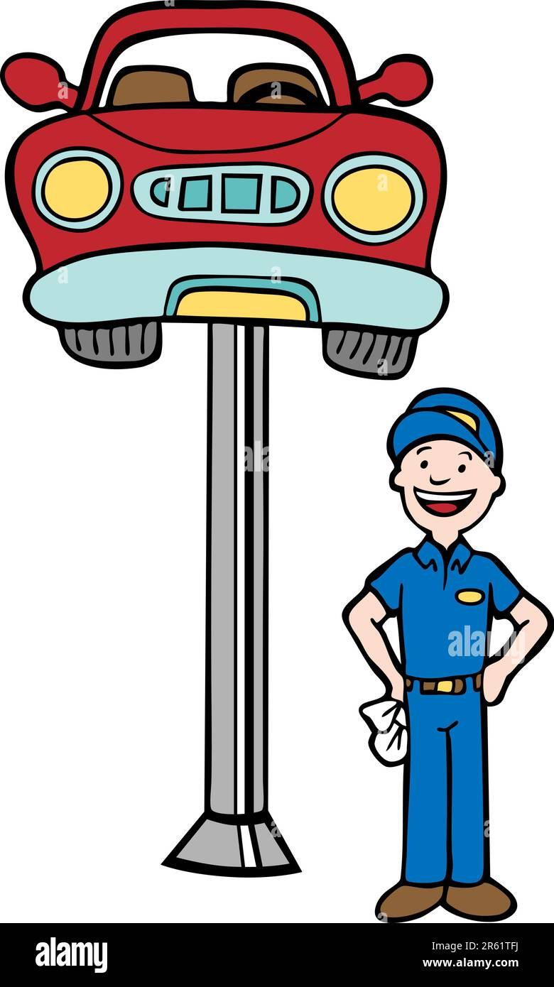 Repairman standing next to a car lifted in the air by a hydraulic lift ...