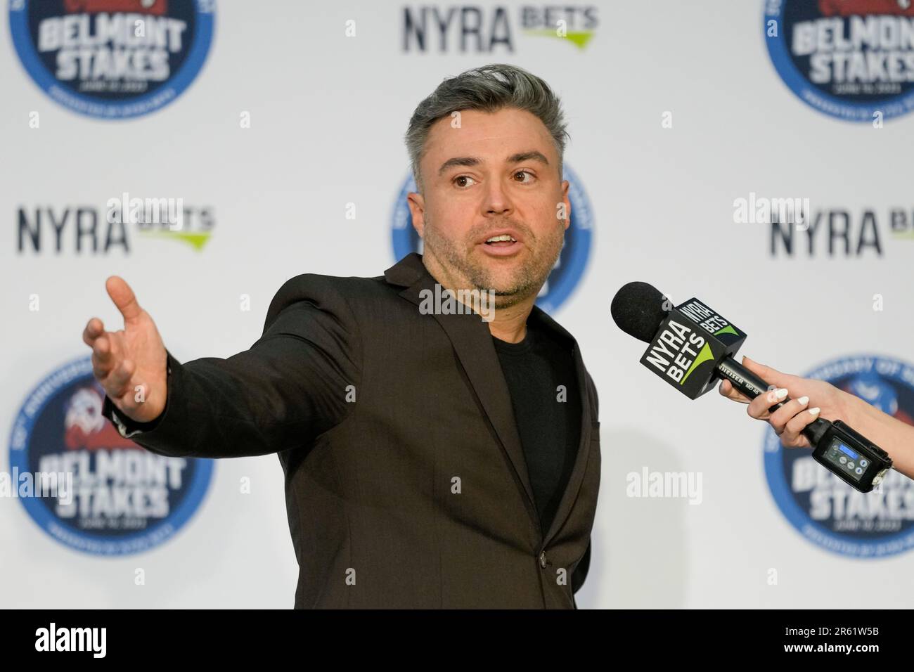 Jon Ebbert, owner of Belmont Stakes entrant Arcangelo, rgestures during ...