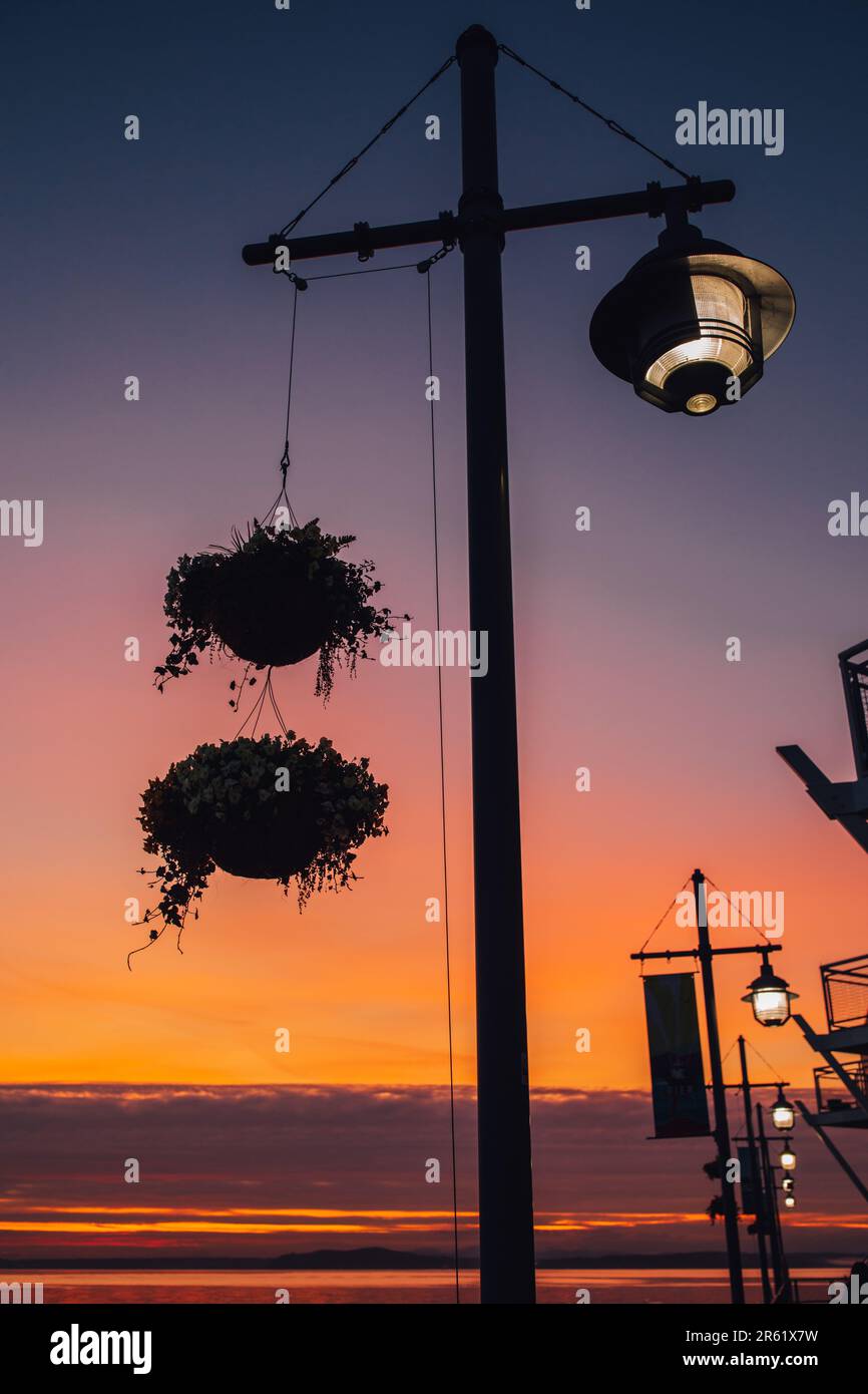 street lights with hanging planter along boardwalk, Seattle waterfront ...