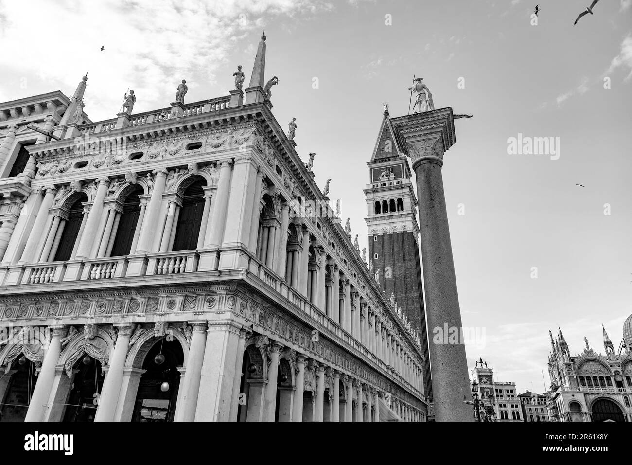 Historical landmarks and people walking at St. Mark's Square, or Piazza ...