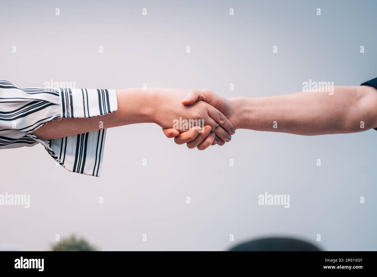 A male and female individuals shaking hands in a clear blue sky Stock ...