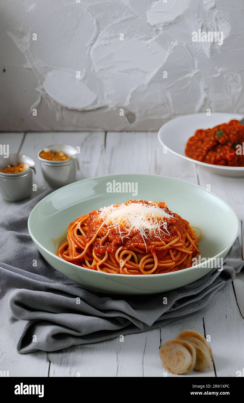An image of a bowl of steaming hot spaghetti and freshly baked bread, prepared and ready to be ...