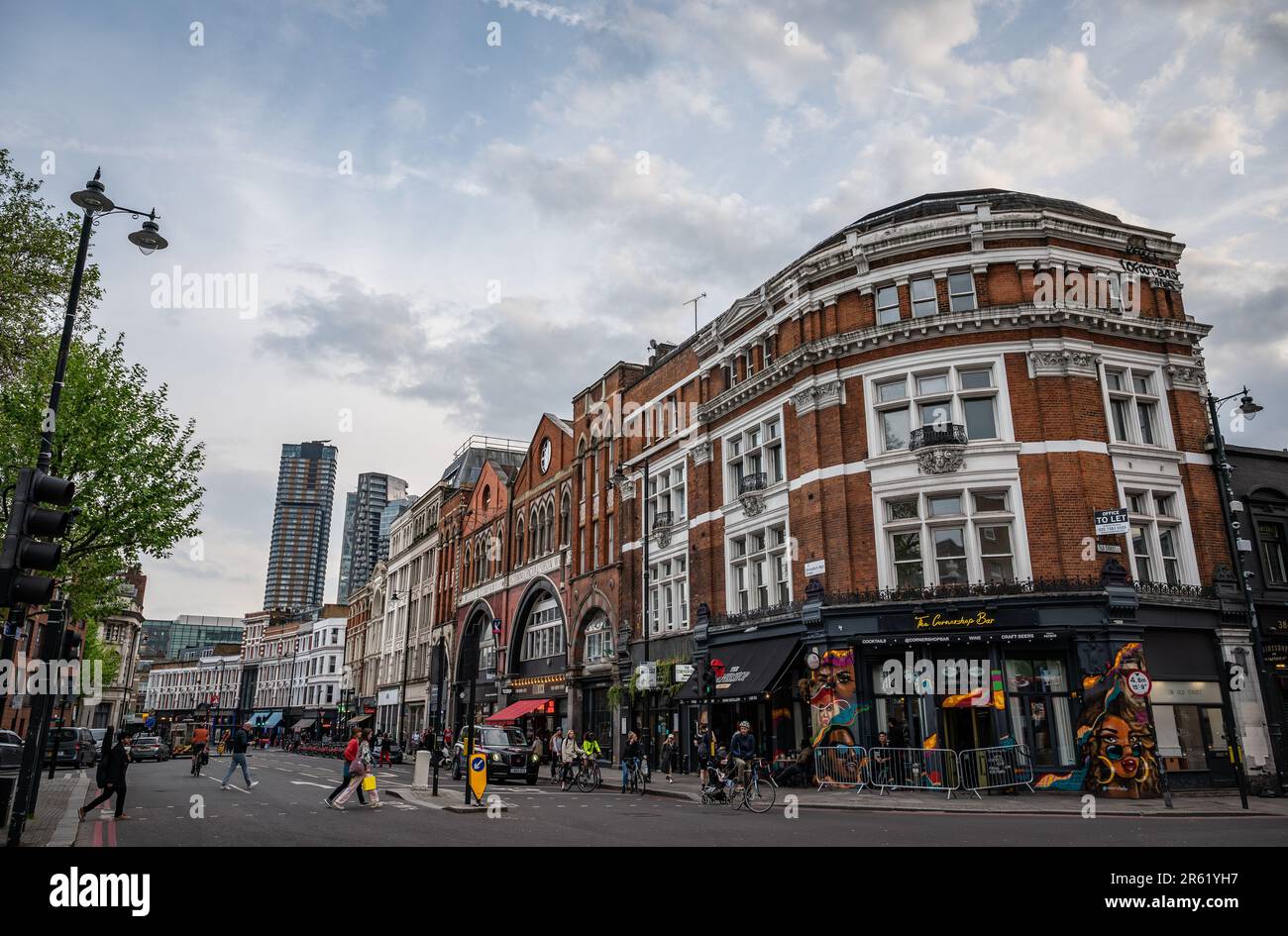 London, UK: Looking south along Shoreditch High Street in London with ... London, UK: Looking south along Shoreditch High Street in London with ...