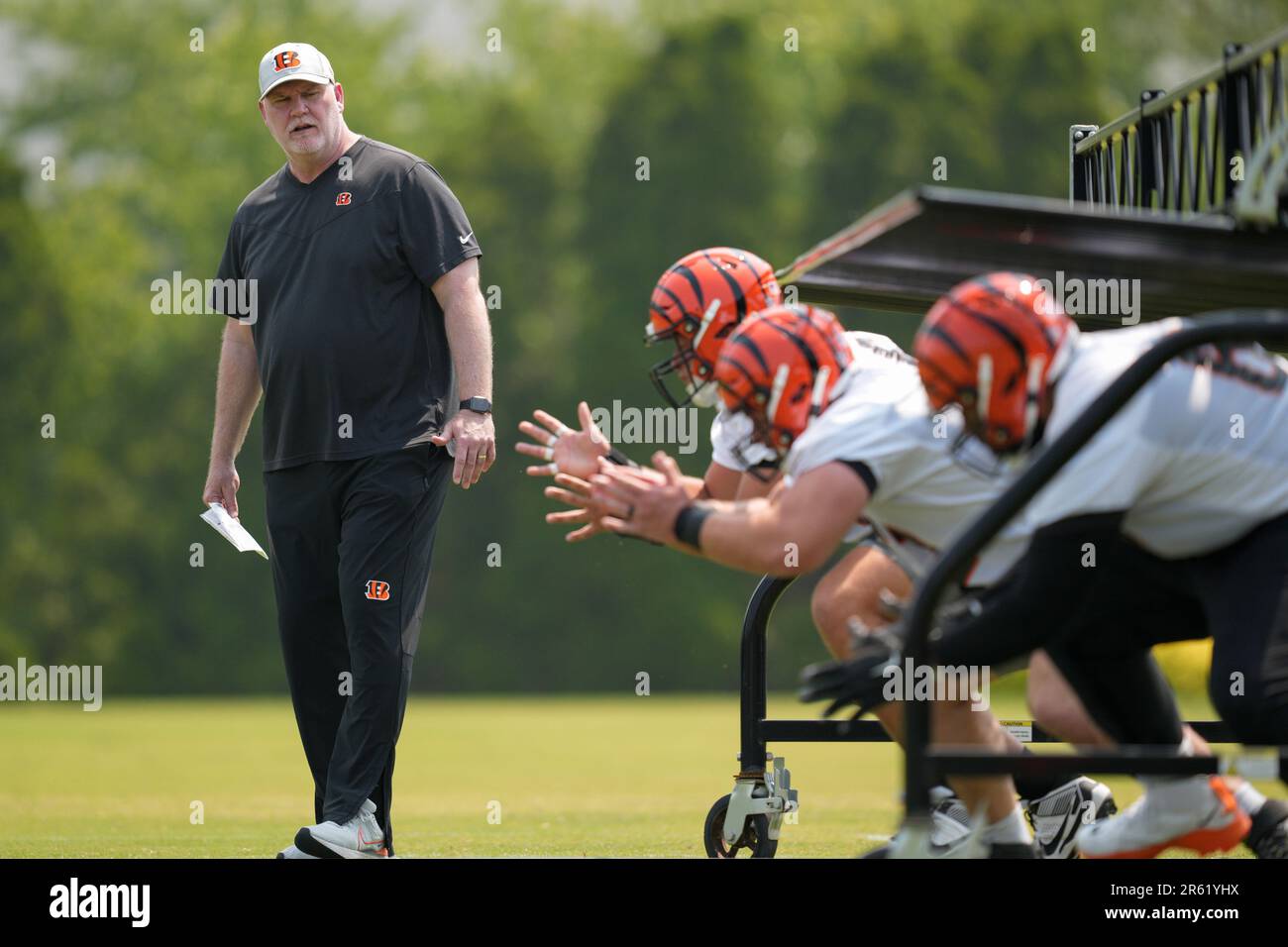 Cincinnati Bengals offensive line coach Frank Pollack, left, oversees a ...