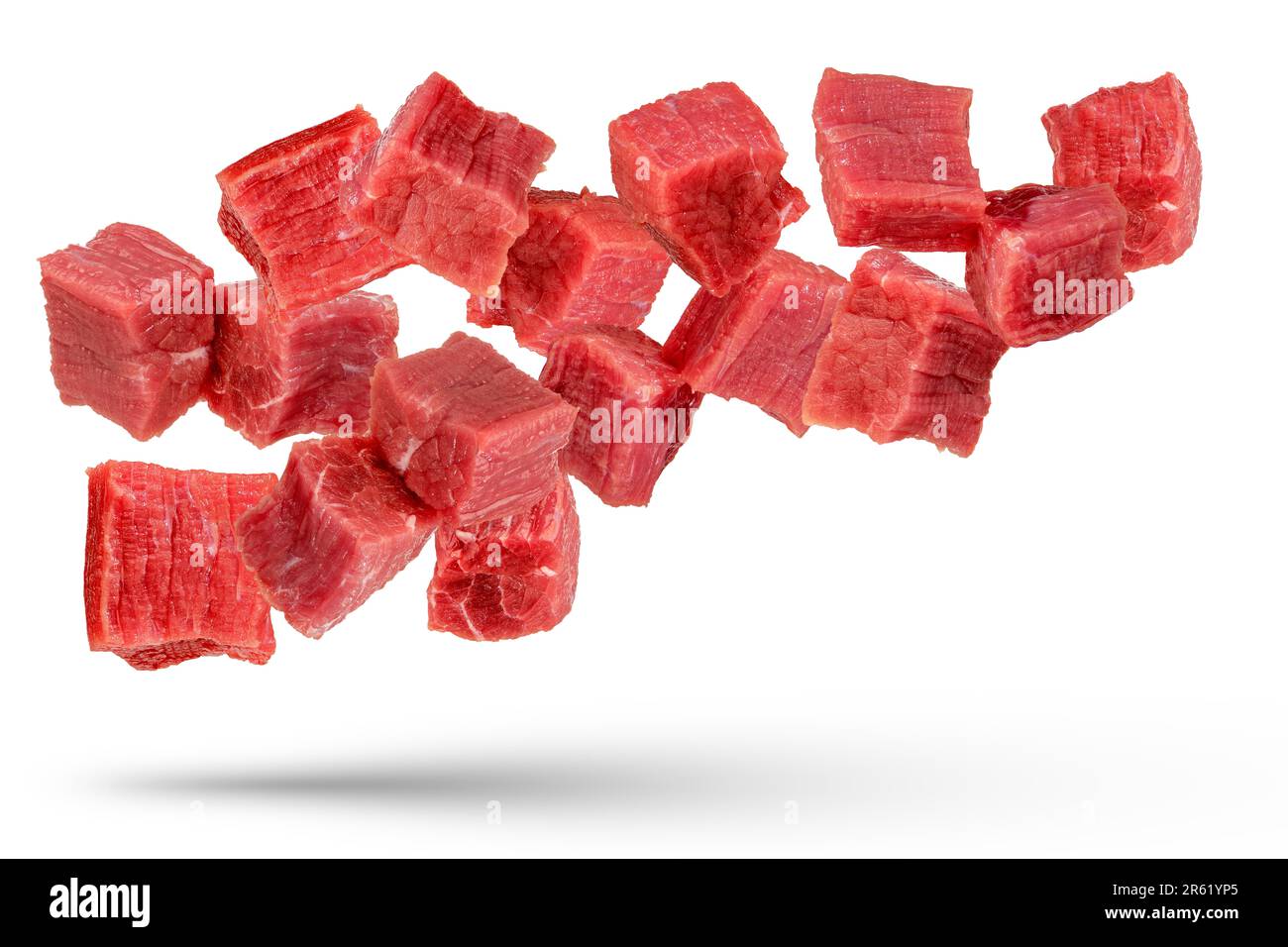 Pieces of raw beef. Set of fresh beef cubes isolated on white ...