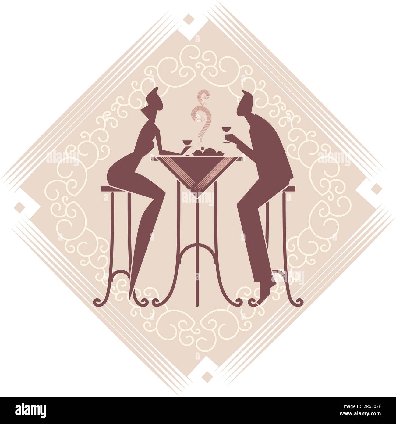 The young couple is having a dinner. Vector art. Decorative background ...