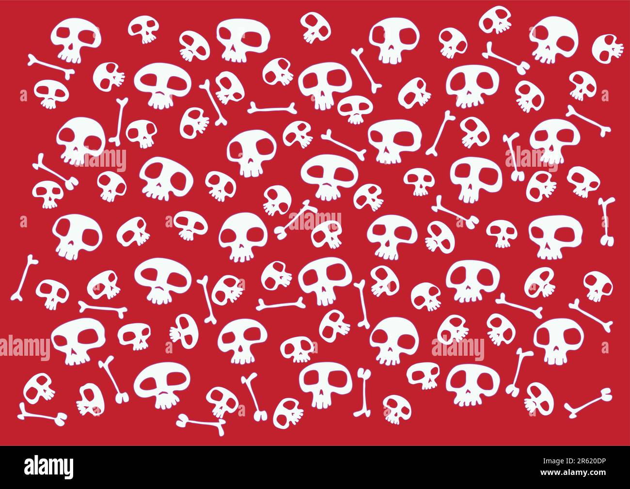 Pattern made of funny skulls and bones on bright red background. Vector ...