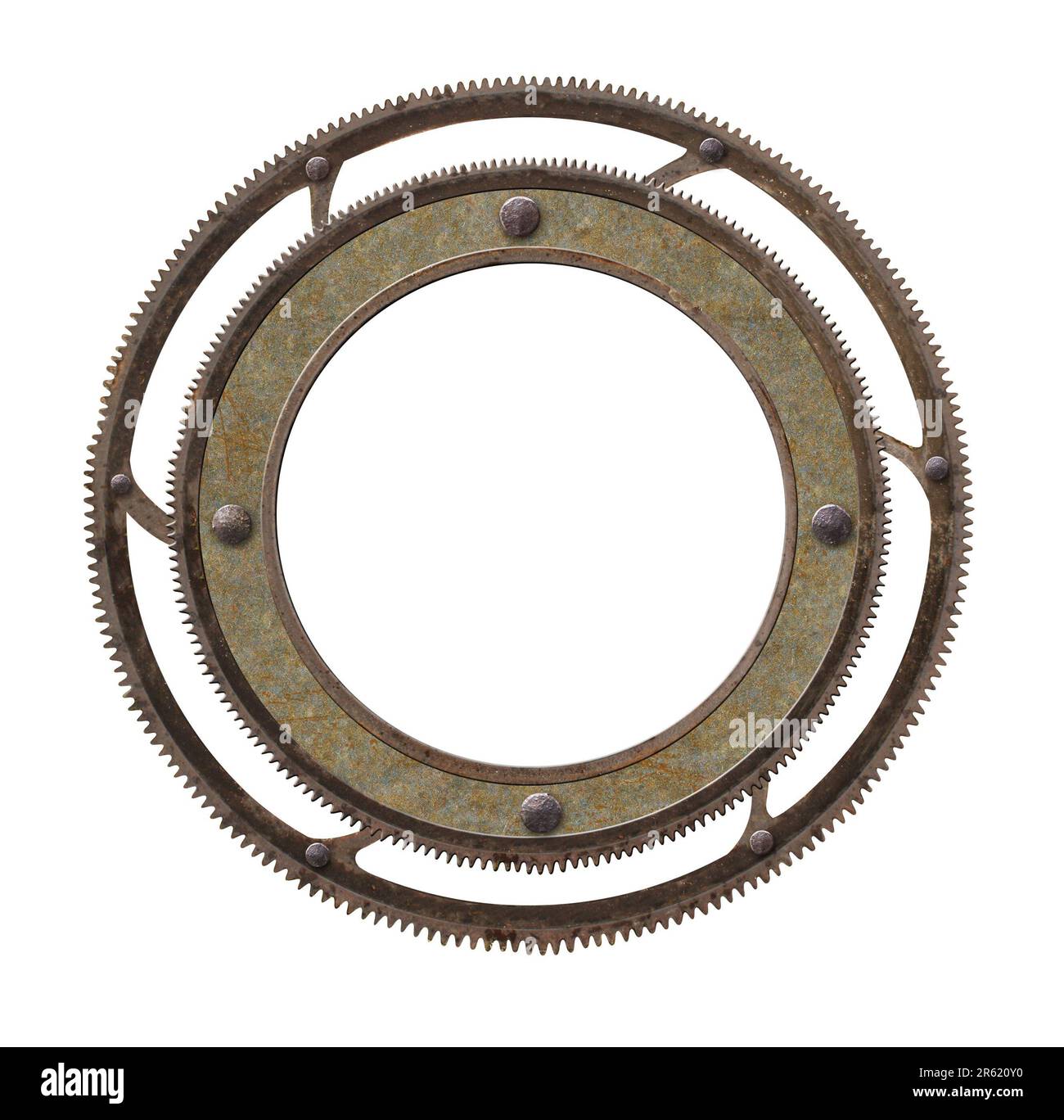 Metallic round frame with vintage metal details, gear and retro rivets ...