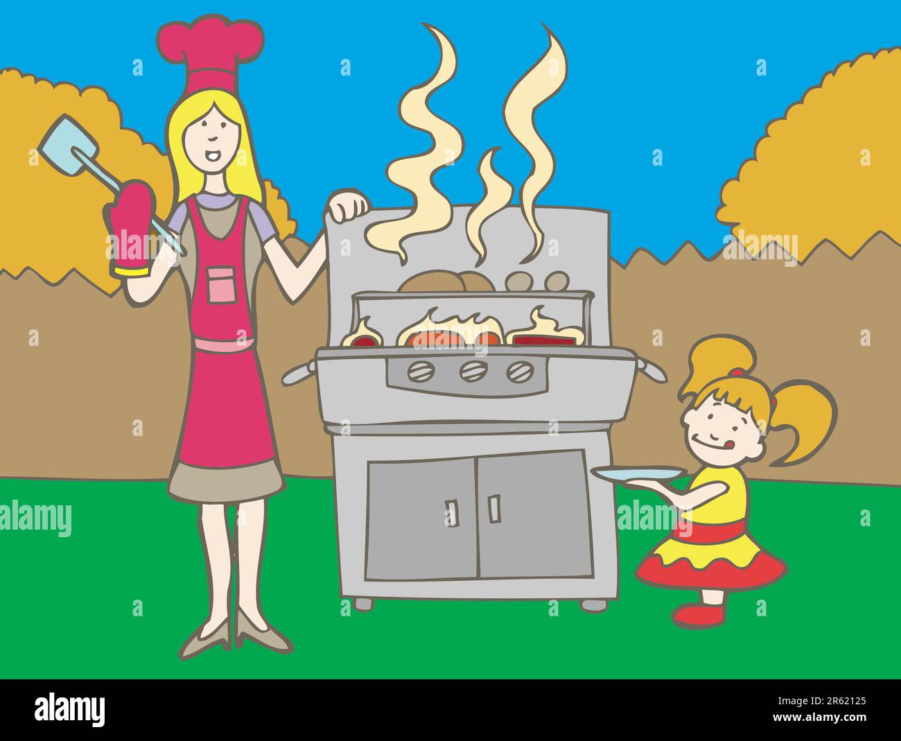 Lady serves young girl food from a bbq grill Stock Vector Image & Art ...