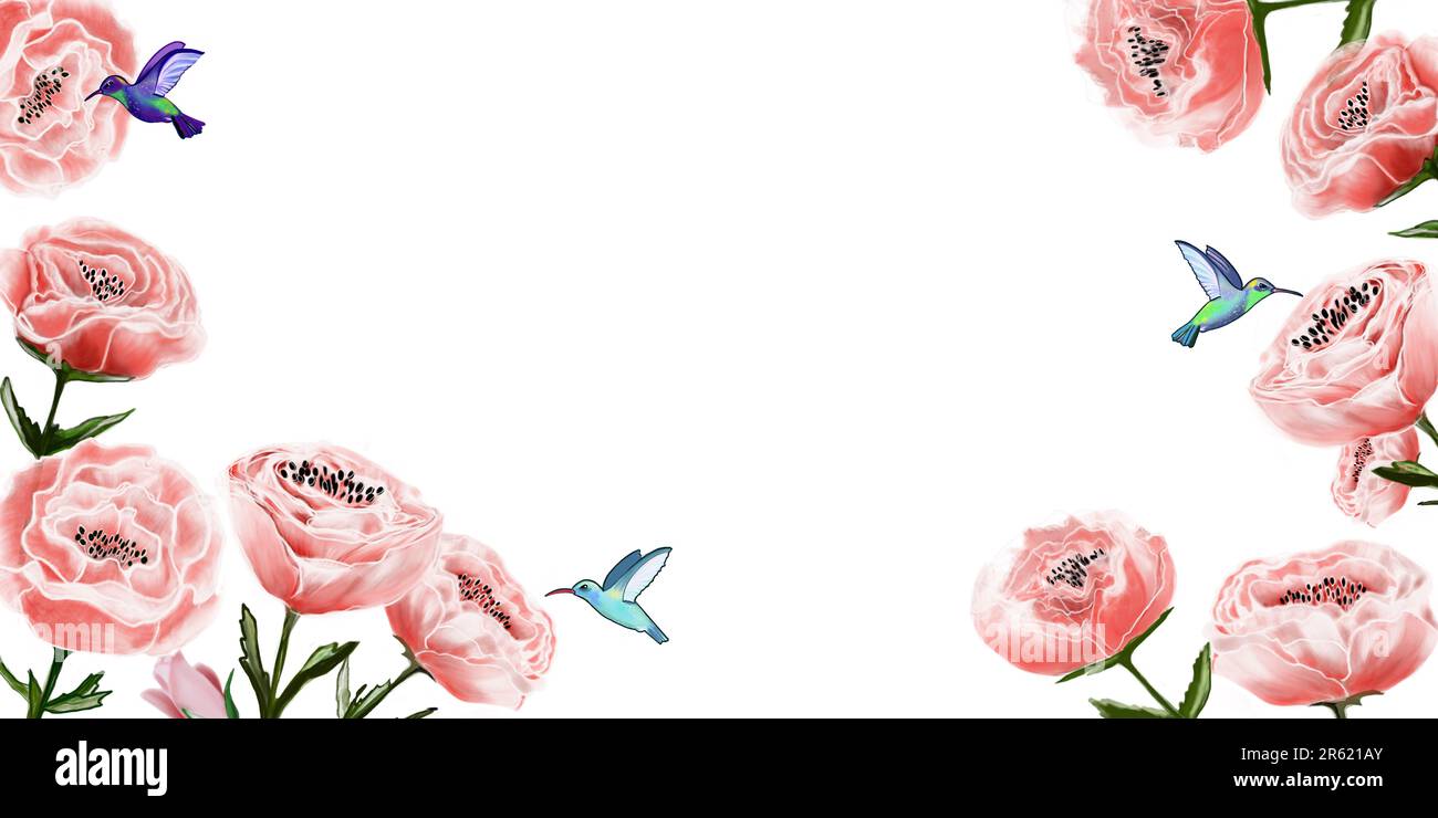 frame pink flowers, poppies, roses, with a hummingbird, hand painted ...