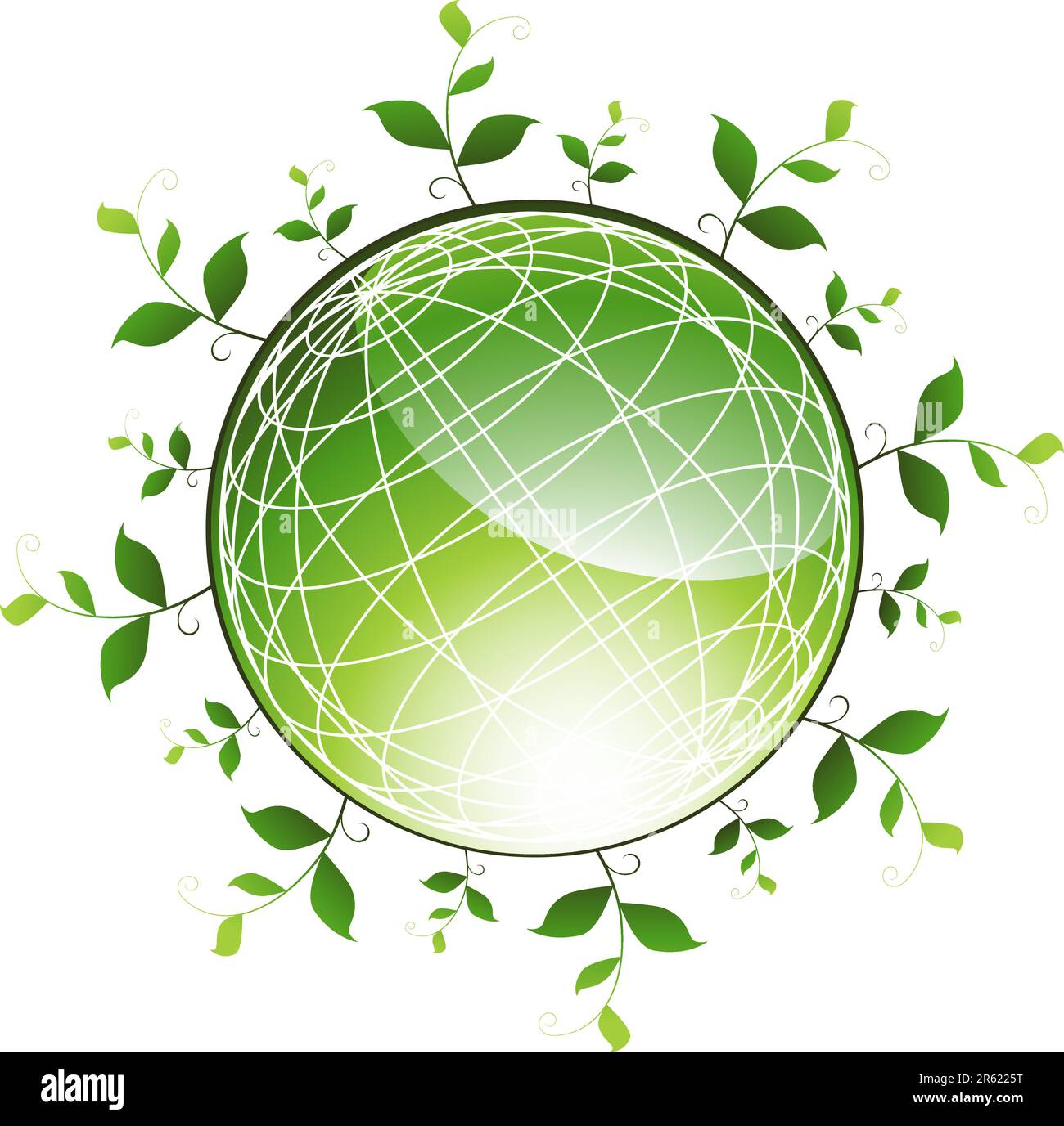 3D globe icon with multiple plant life surrounding green earth Stock ...