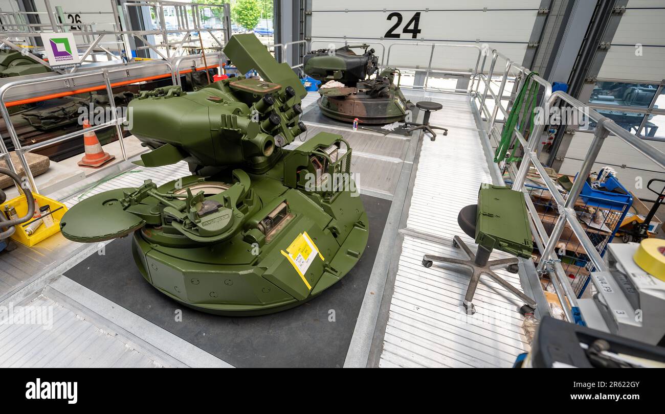 06 June 2023, Lower Saxony, Unterlüß: Turrets from the Marder infantry ...