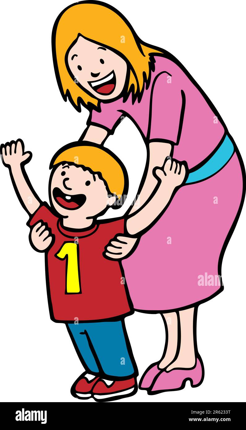 Mom Helps Her Son Learn To Walk On His Own For The First Time Stock