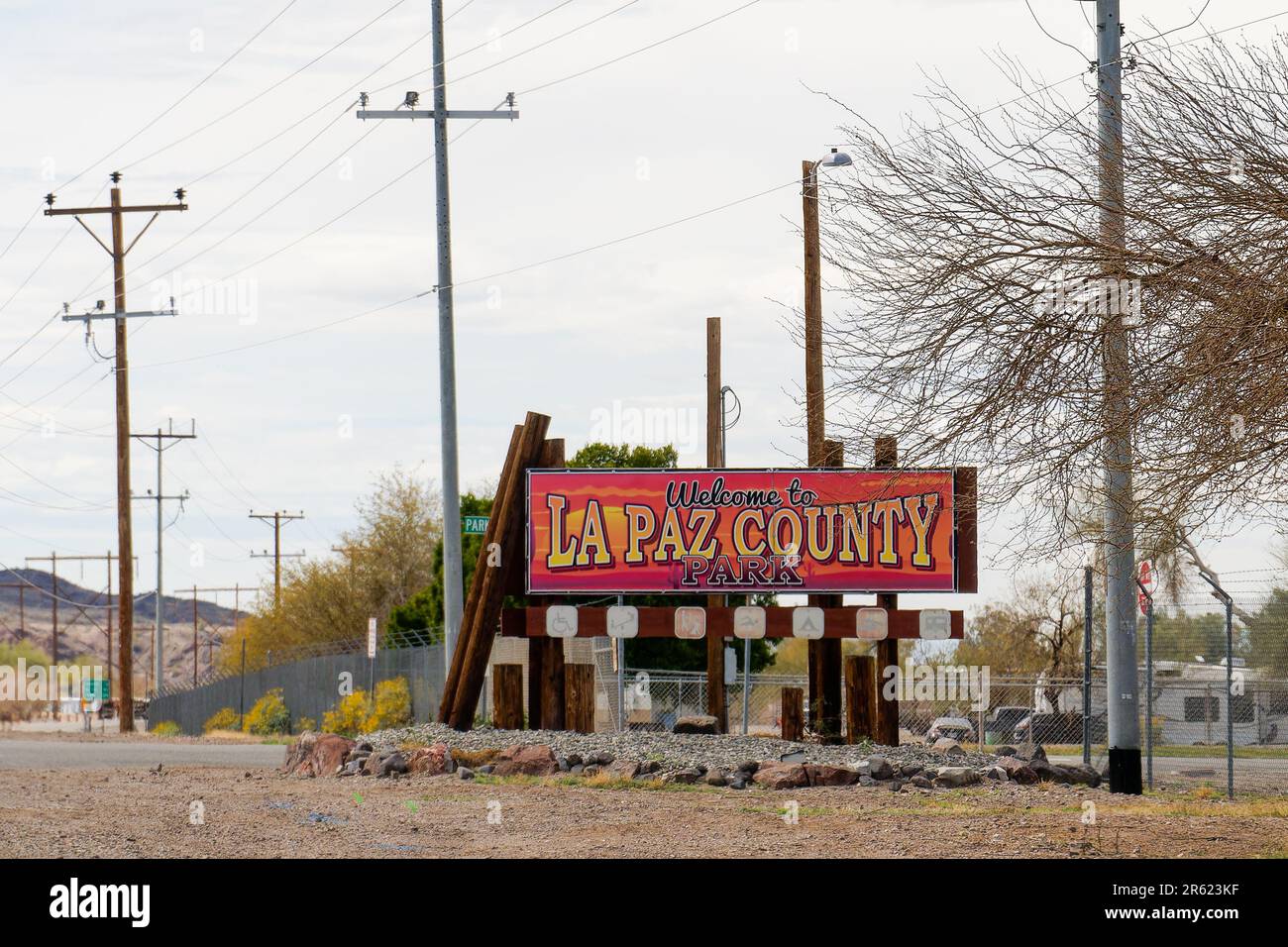 Welcome to La Paz County Park sign in Parker, Arizona. The park offers ...