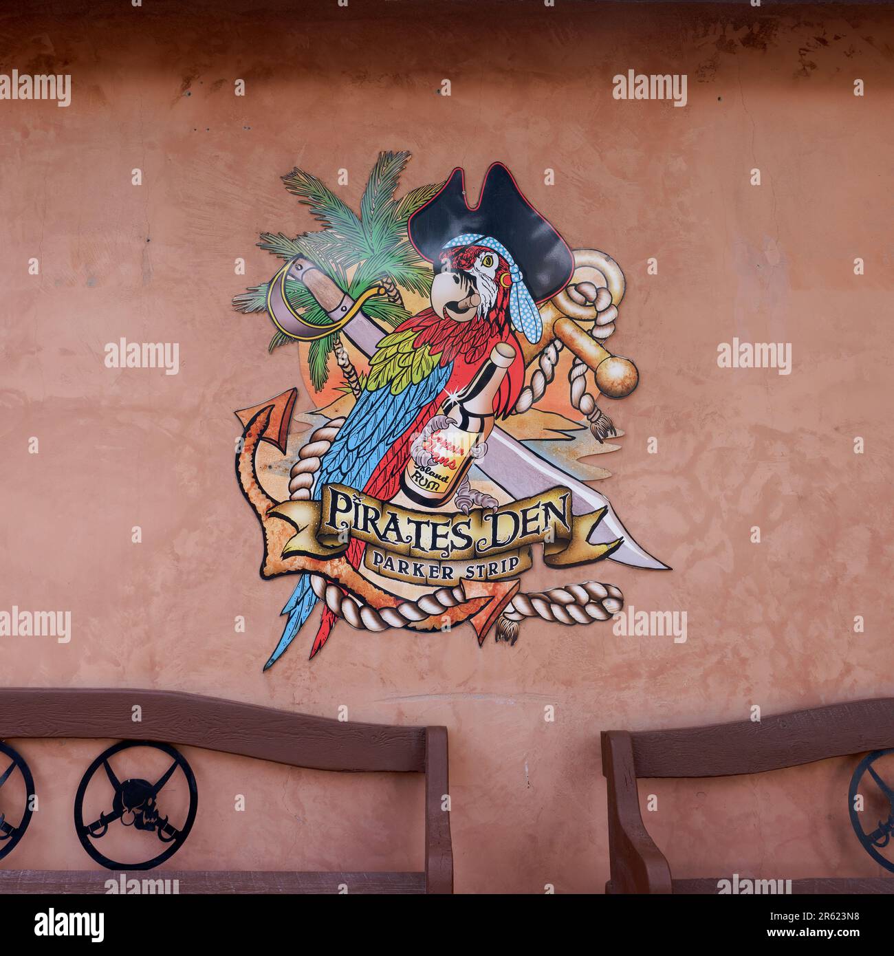 Parker, AZ - March 10, 2023: Signage at the Pirates Den RV Resort and ...