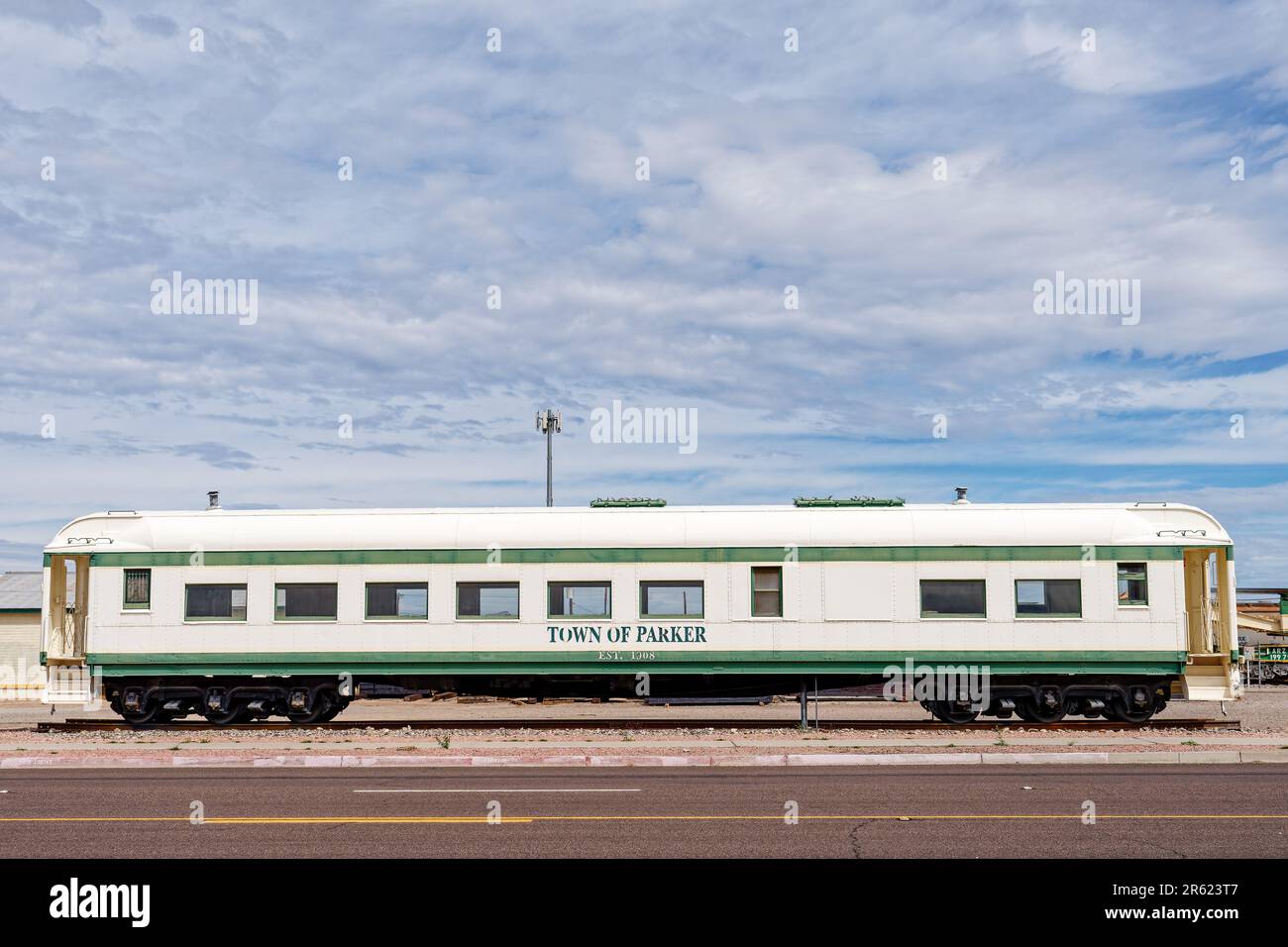 Old Railroad car in Parker, Arizona. In 1908 the Town of Parker was ...