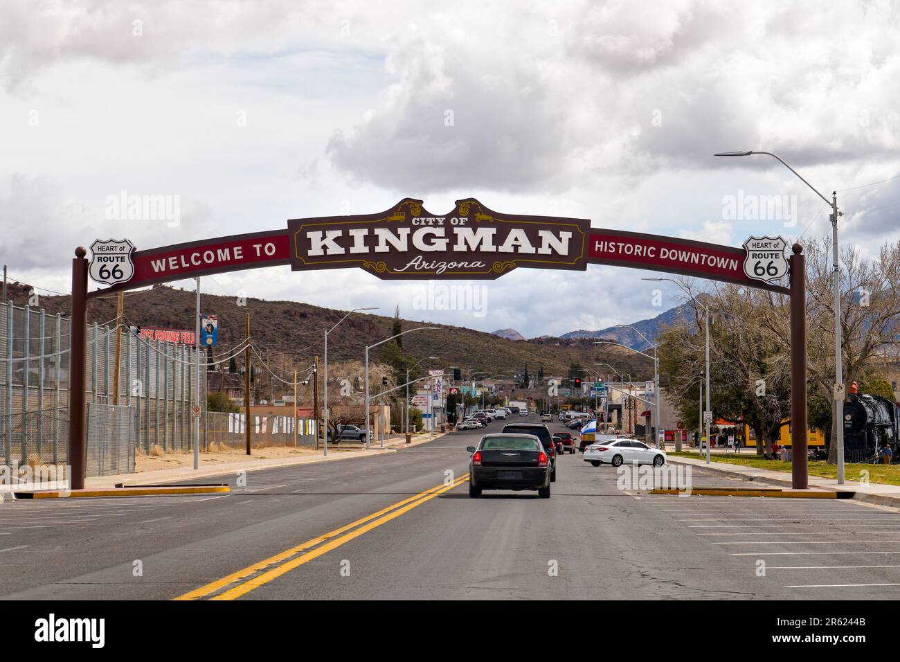 Kingman, AZ - March 11, 2023: Welcome to Kingman archway over the road ...