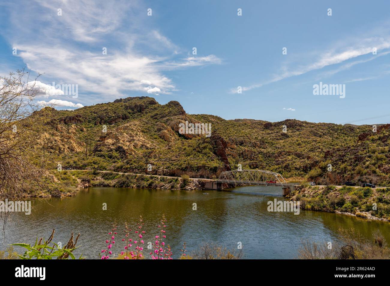 landscape with bridge on the Apache Trail, AZ 88, with bridge at Canyon Lake in the Tonto ...