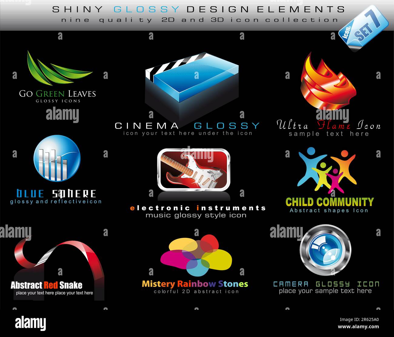 Abstract 2D and 3D Design Element Collection with colorful Shiny Icons ...