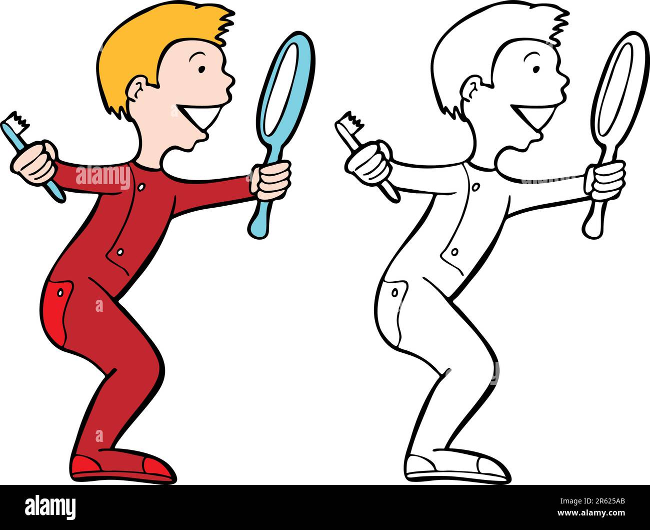 Cartoon image of a child brushing teeth - color and black/white ...