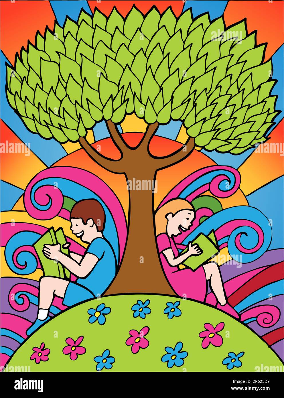 Children reading books under tree hi-res stock photography and images ...