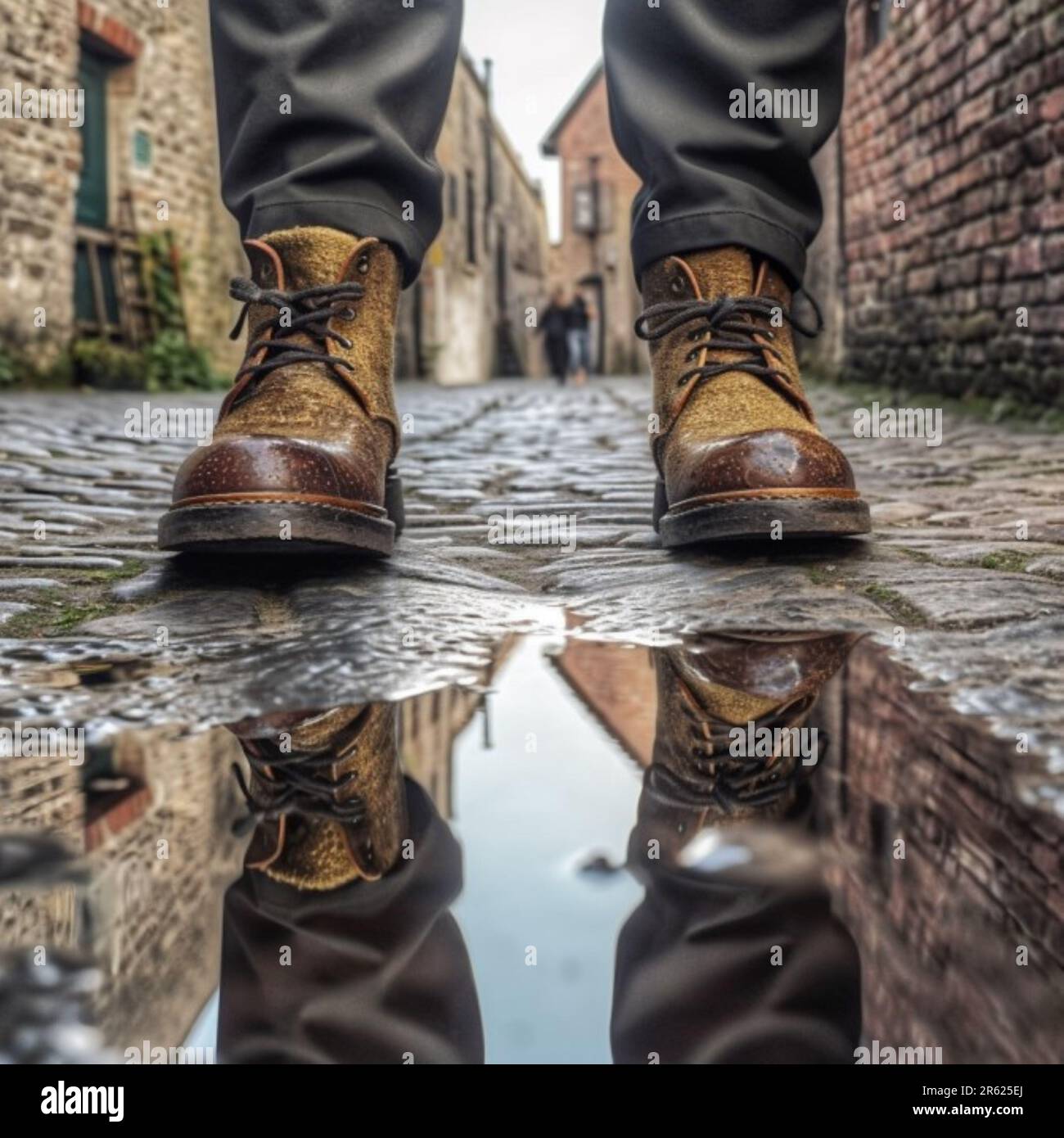 A person feet in boots standing near puddle of water Stock Photo - Alamy