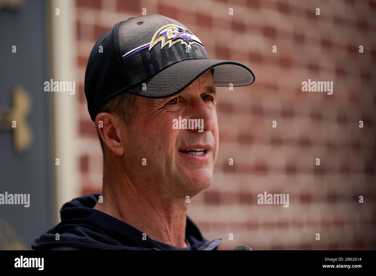 Baltimore Ravens head coach John Harbaugh speaks to reporters during ...