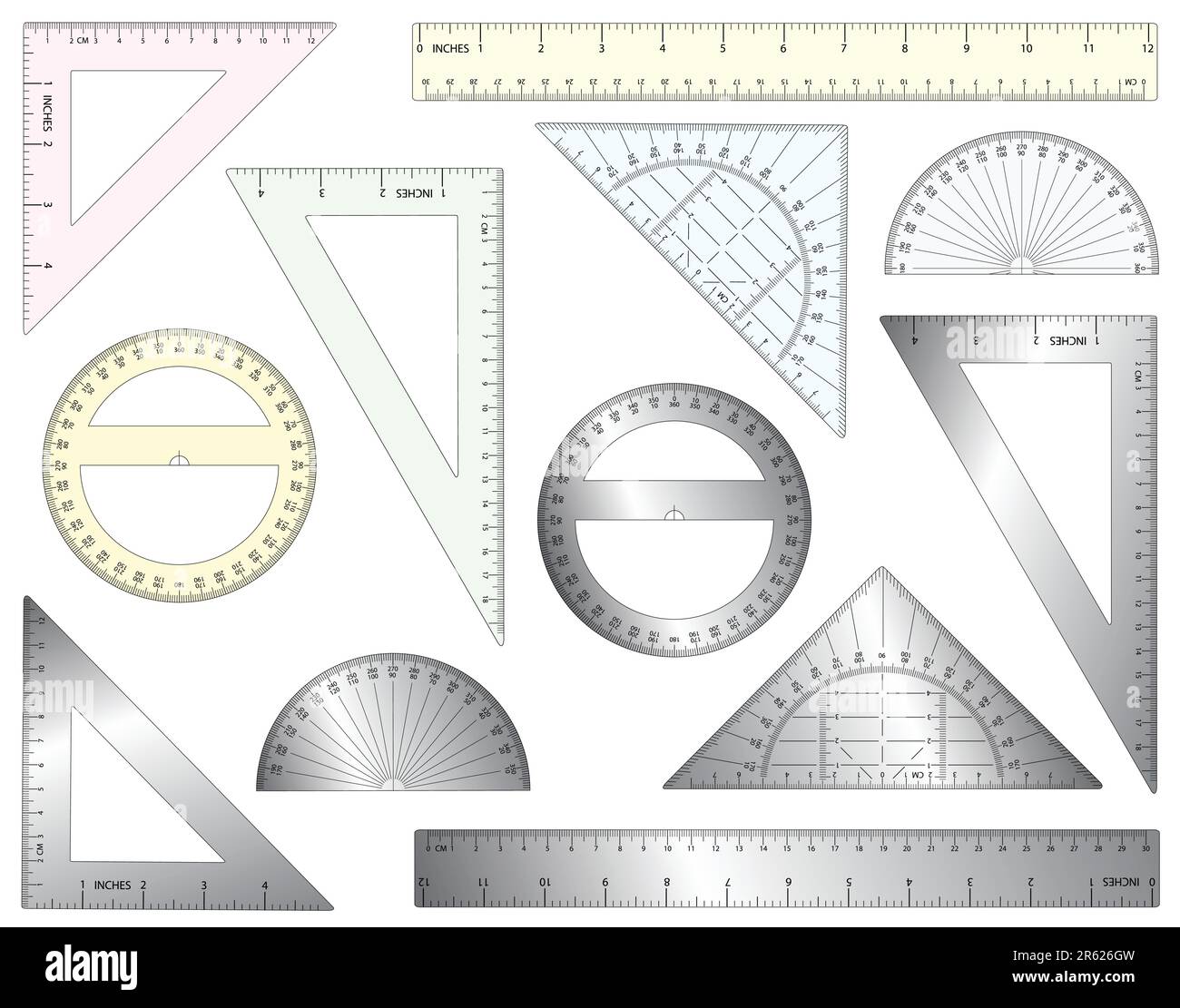 Set of editable vector rulers, set squares and protractors in plastic ...