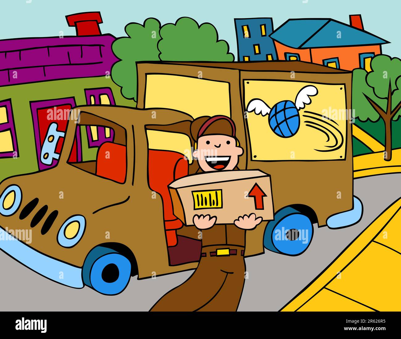 Cartoon Of A Shipment Serviceman Delivering A Package In A Residential cartoon-of-a-shipment-serviceman-delivering-a-package-in-a-residential