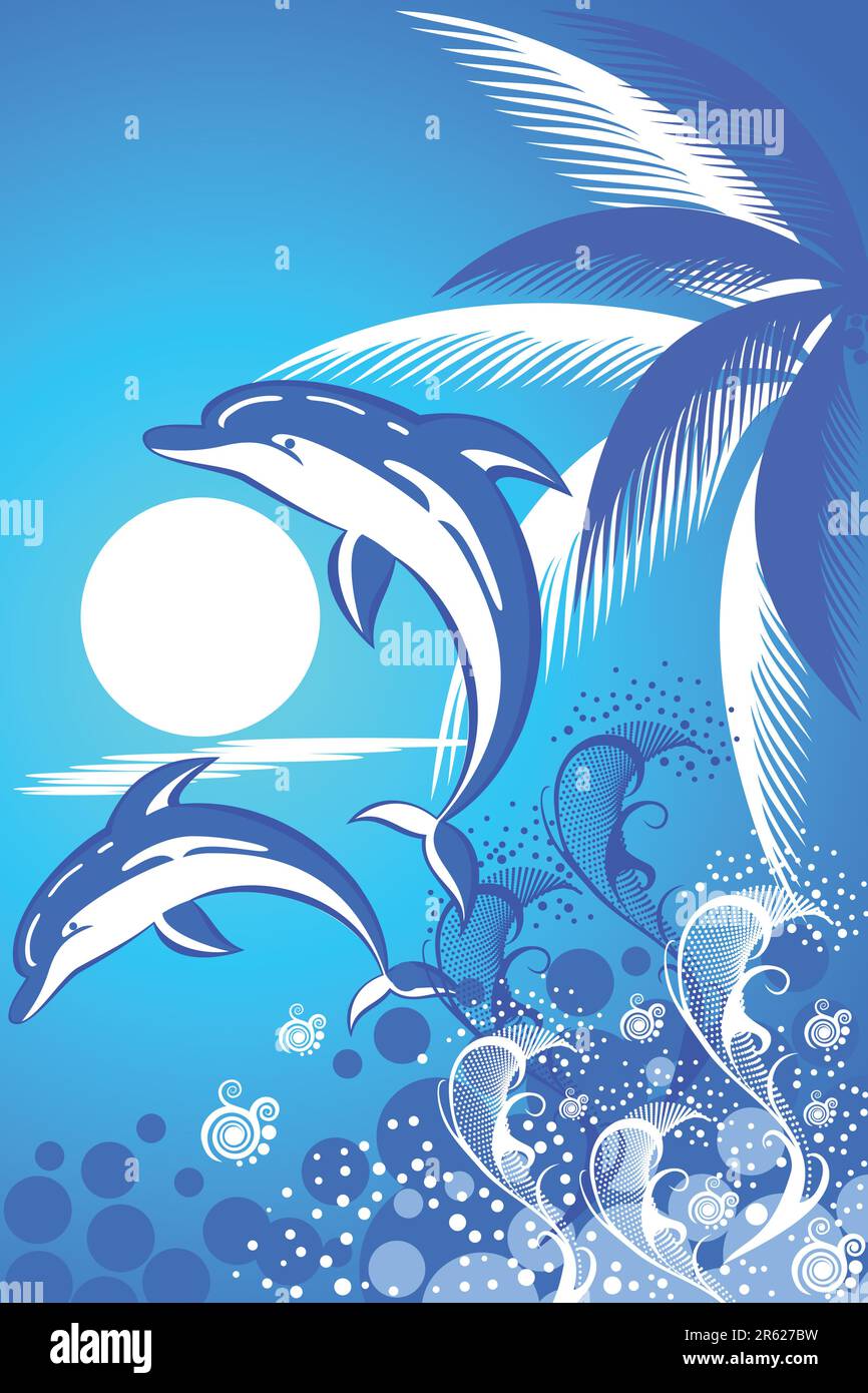 Summer background with palm tree and two dolphins Stock Vector Image ...