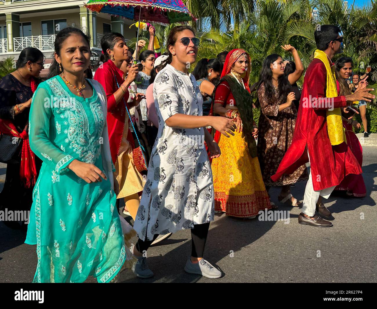 Grand Cayman, Cayman Islands, May 2023, view of Indians carnival goers ...