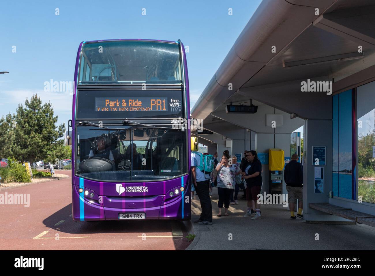 People boarding a double decker bus from Portsmouth Park & Ride car ...