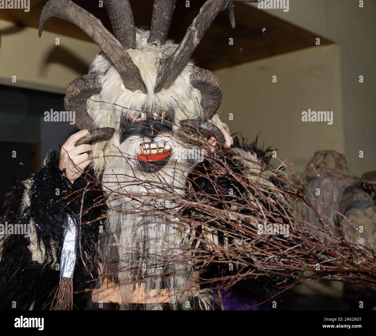 Legendary krampus, a Christmas devil, in animal skin, with horns and ...