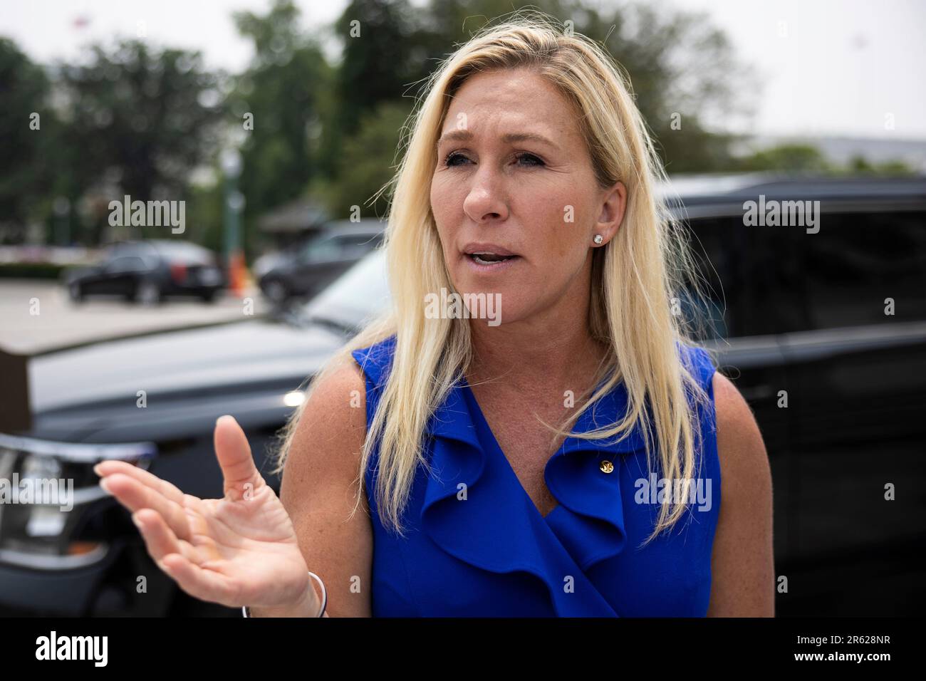 Rep. Marjorie Taylor Greene (R-Ga.) speaks with reporters outside the U ...