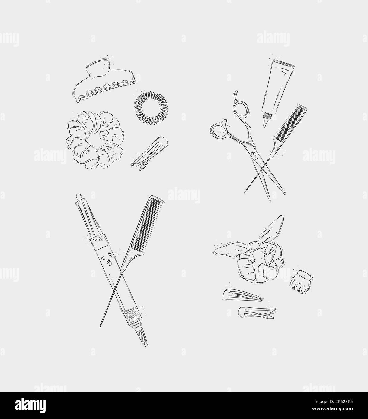 Collection of tools and accessories for creating hairstyles drawing on ...