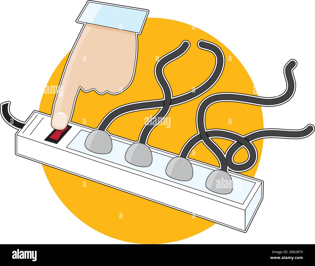 A man's hand pressing the button on a power bar full of plugs Stock ...