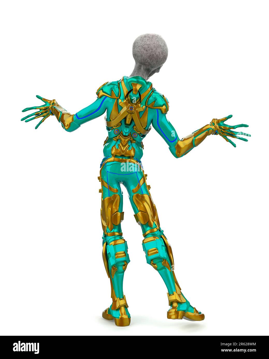 alien grey warrior is with arms wide open rear view, 3d illustration ...