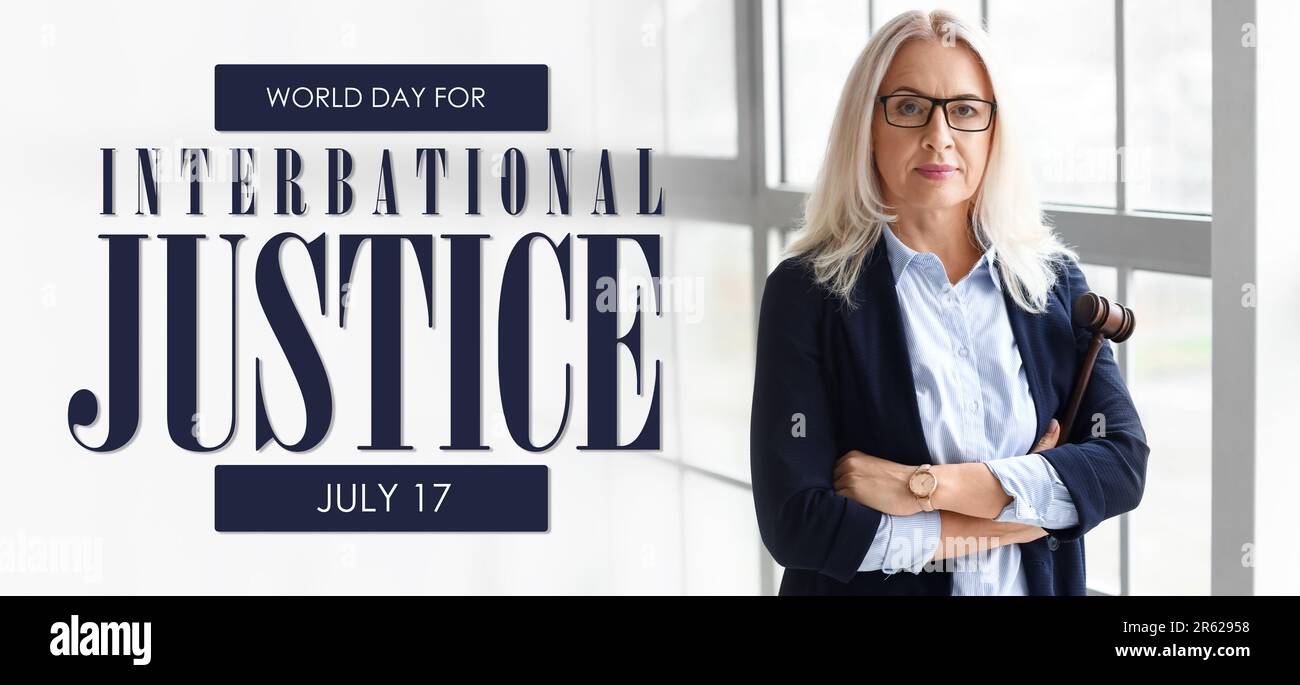 Banner for World Day for International Justice with female judge Stock ...