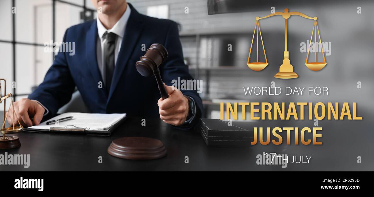 Banner for World Day for International Justice with male judge Stock ...