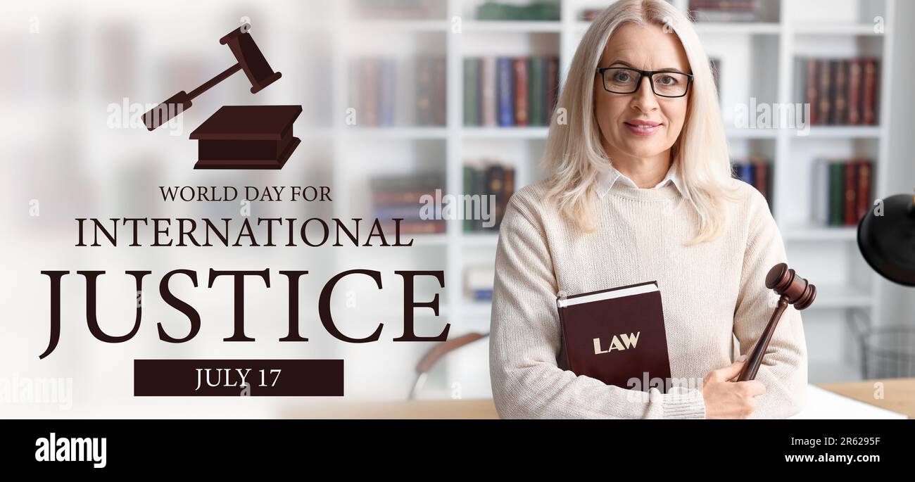 Banner for World Day for International Justice with female judge Stock ...
