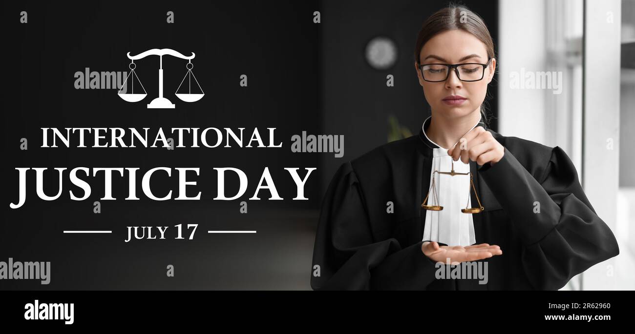 Banner for World Day for International Justice with female judge Stock ...