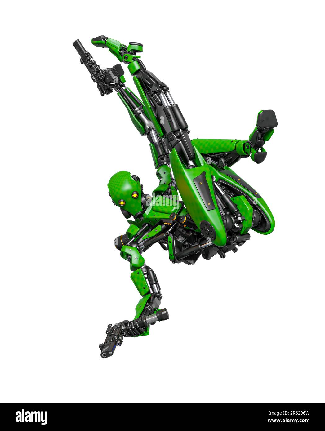 droid soldier is falling and shooting in action and holding pistol, 3d ...