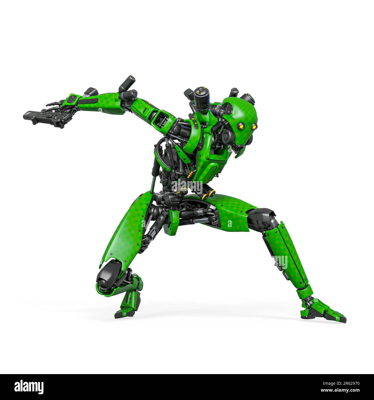 droid soldier is landing like a super hero in action and holding a ...