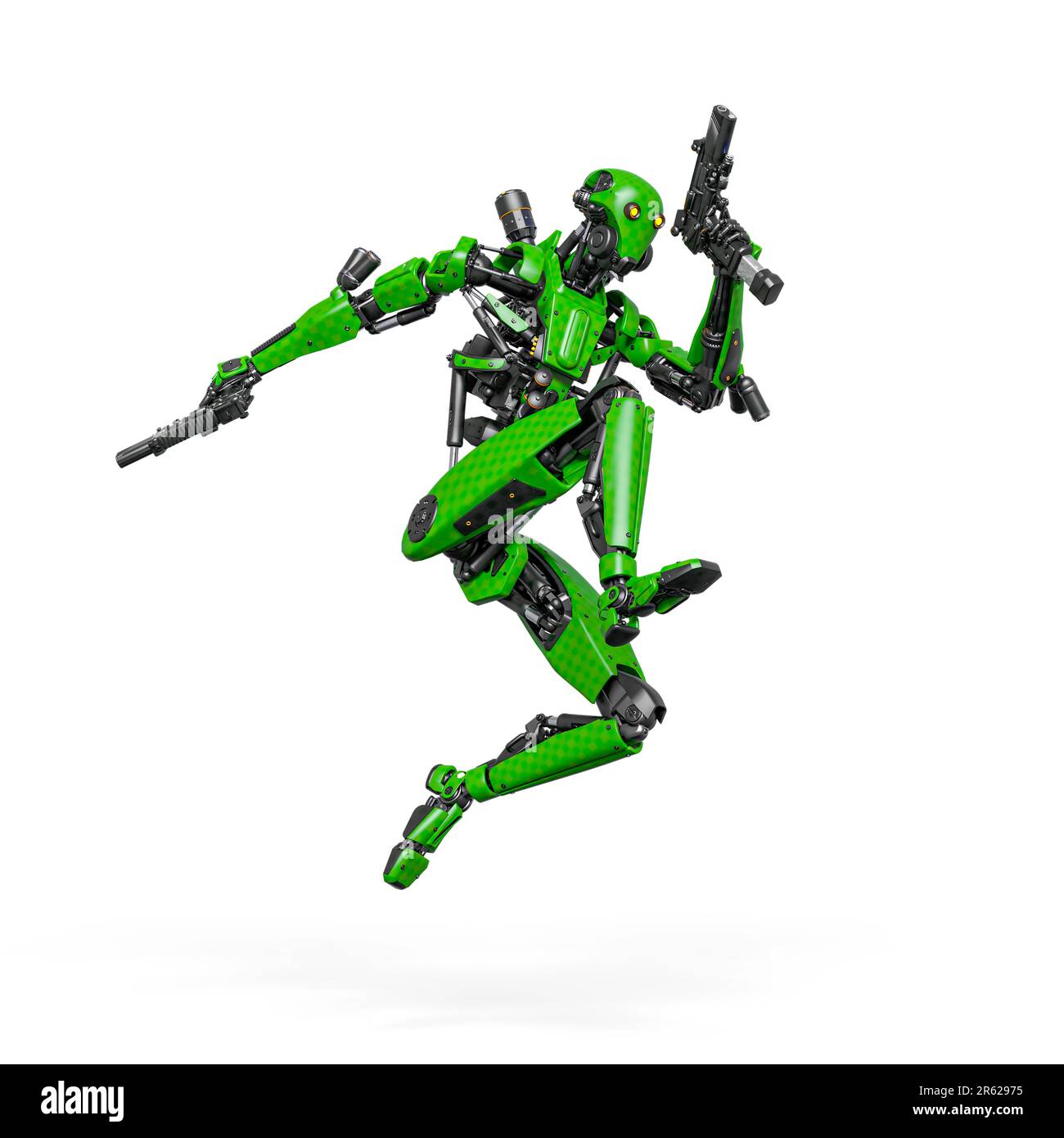 droid soldier is jumping in action holding pistol, 3d illustration ...