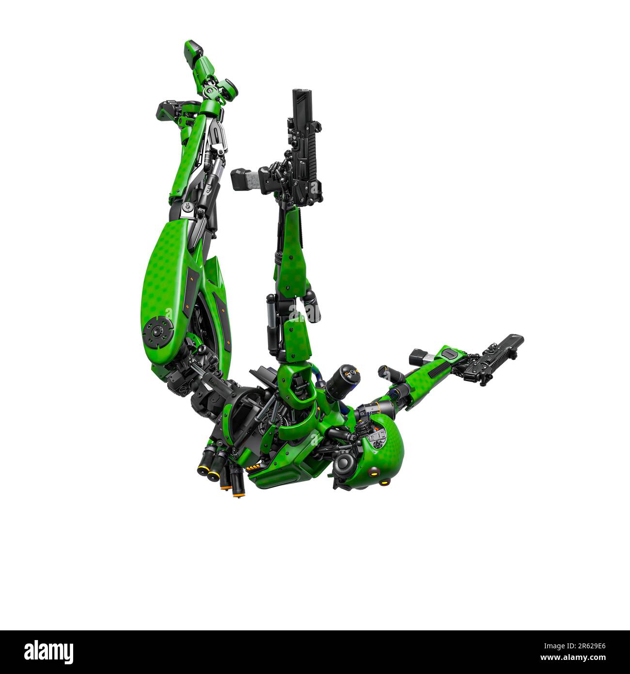 droid soldier is flying down in action and holding a pistol, 3d ...