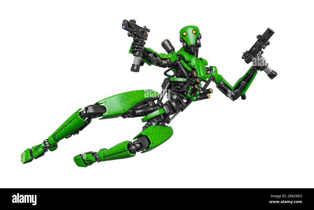 droid soldier is shooting in action and holding a pistol, 3d ...