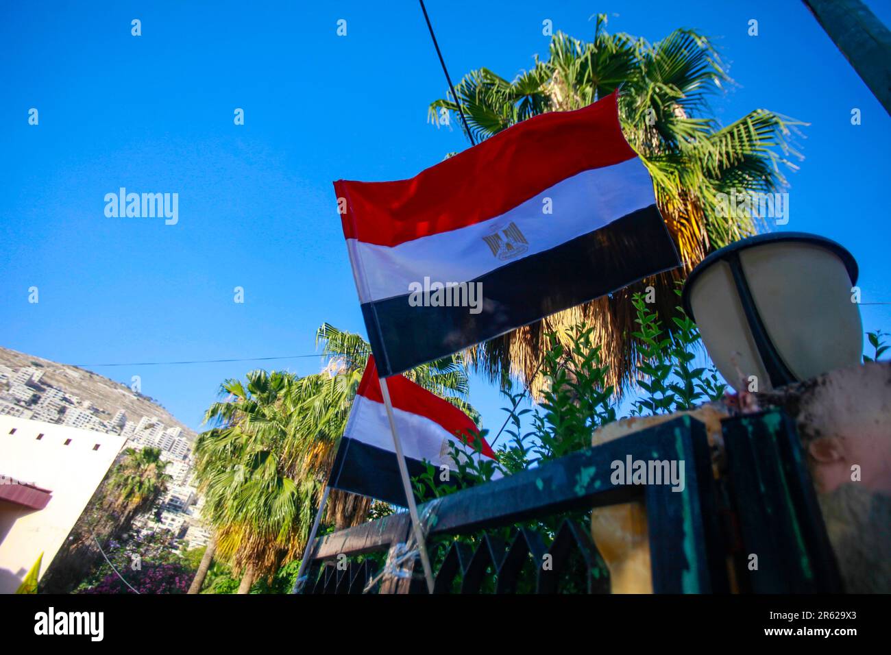Nablus, Palestine. 06th June, 2023. General view of the flags of the ...